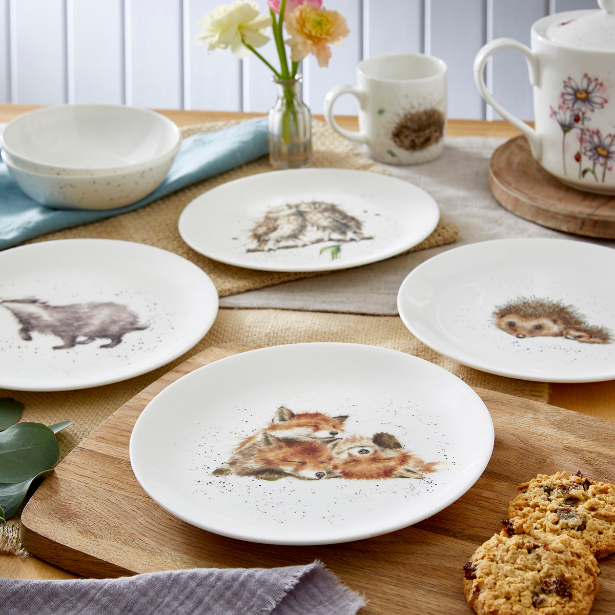 Wrendale Designs Coupe Plates S/4 Assorted. Badger, Hedgehog, Fox, Owl