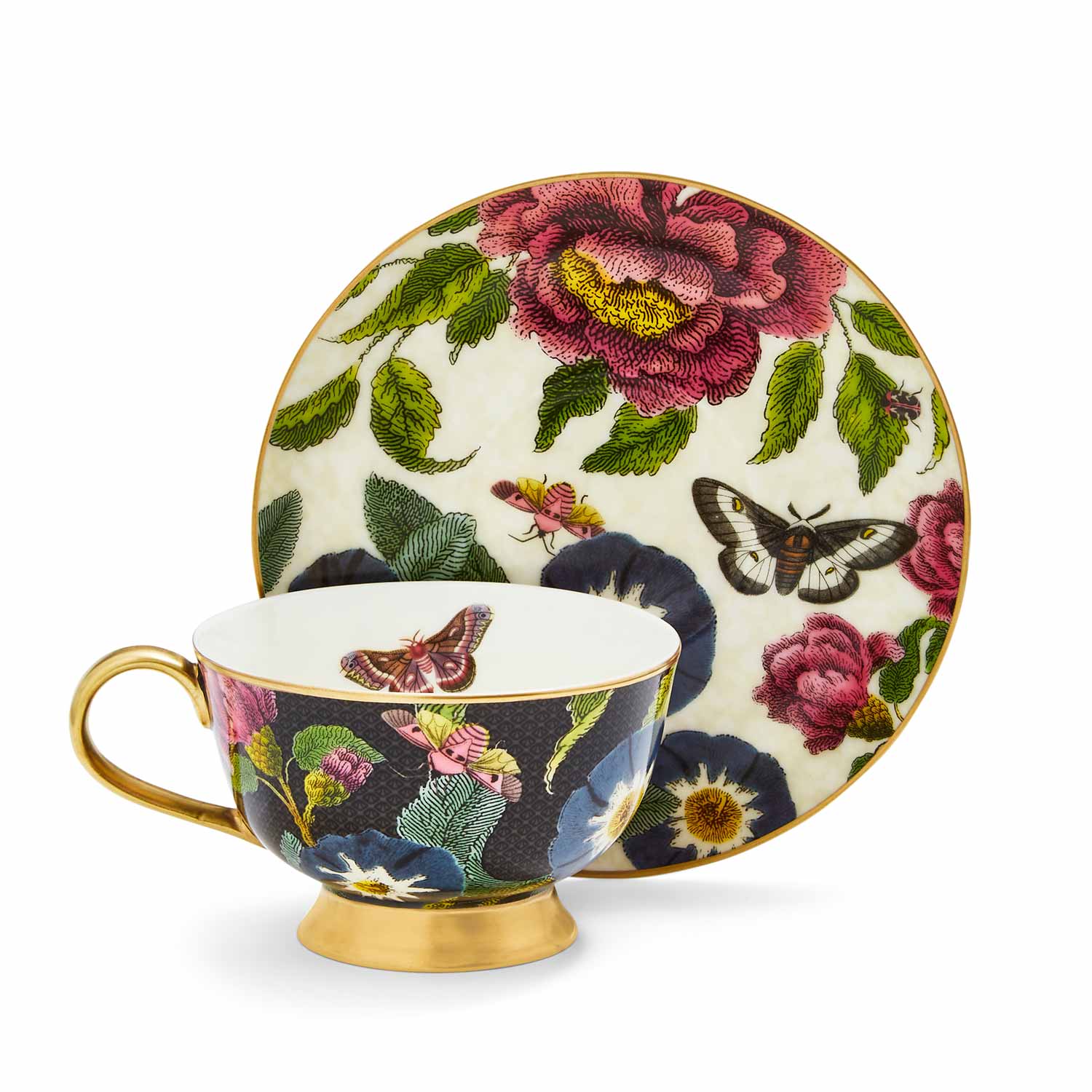 Spode Creatures of Curiosity Dark Floral Coupe Teacup and Saucer (Black ...
